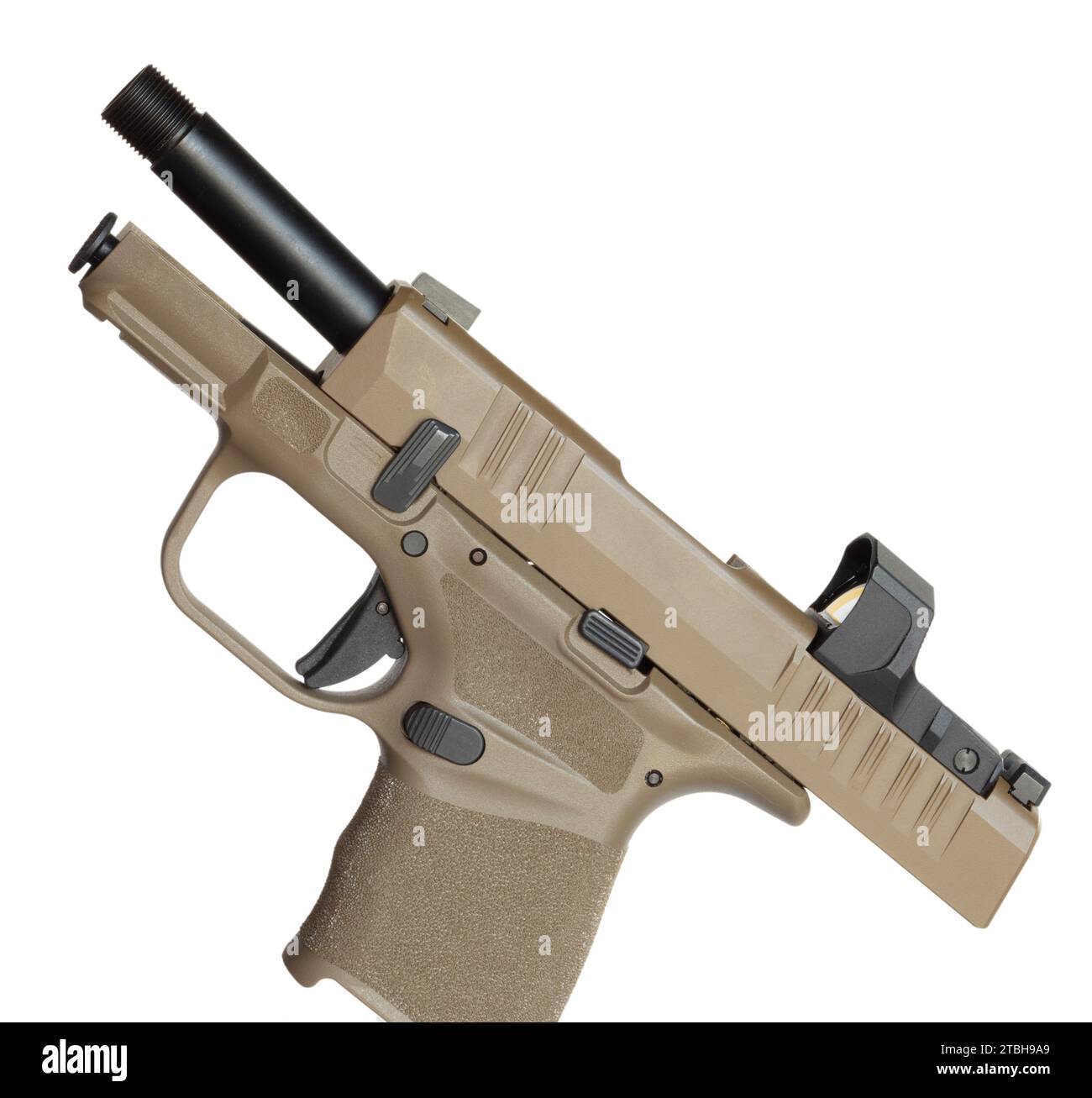 Chamber open on a semi-automatic 9 mm pistol with a threaded barrel and ...