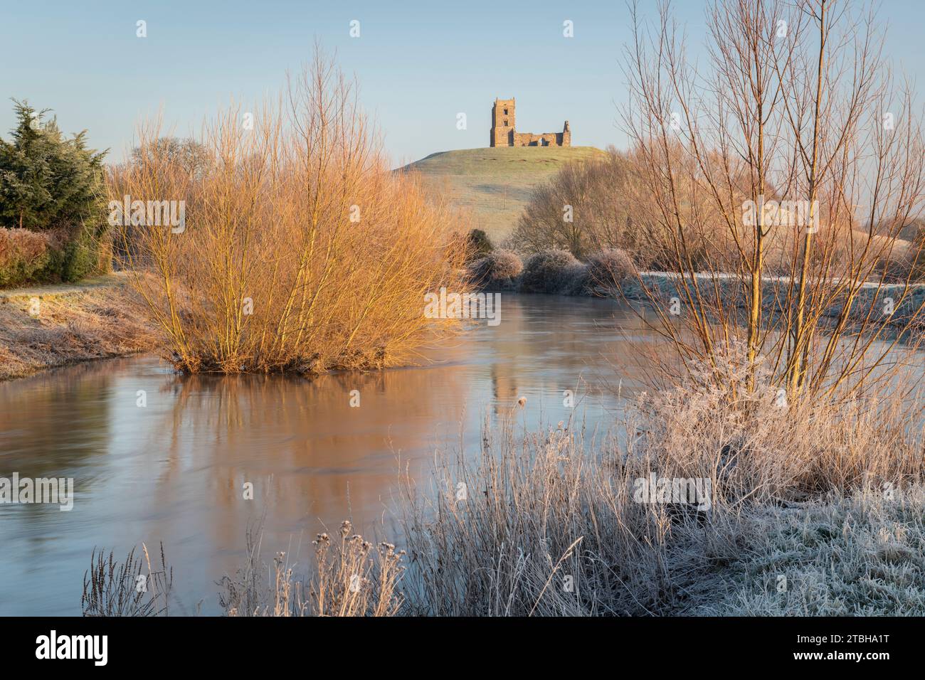 Burrow Mump Church on a frosty winter morning, Burrowbridge, Somerset ...
