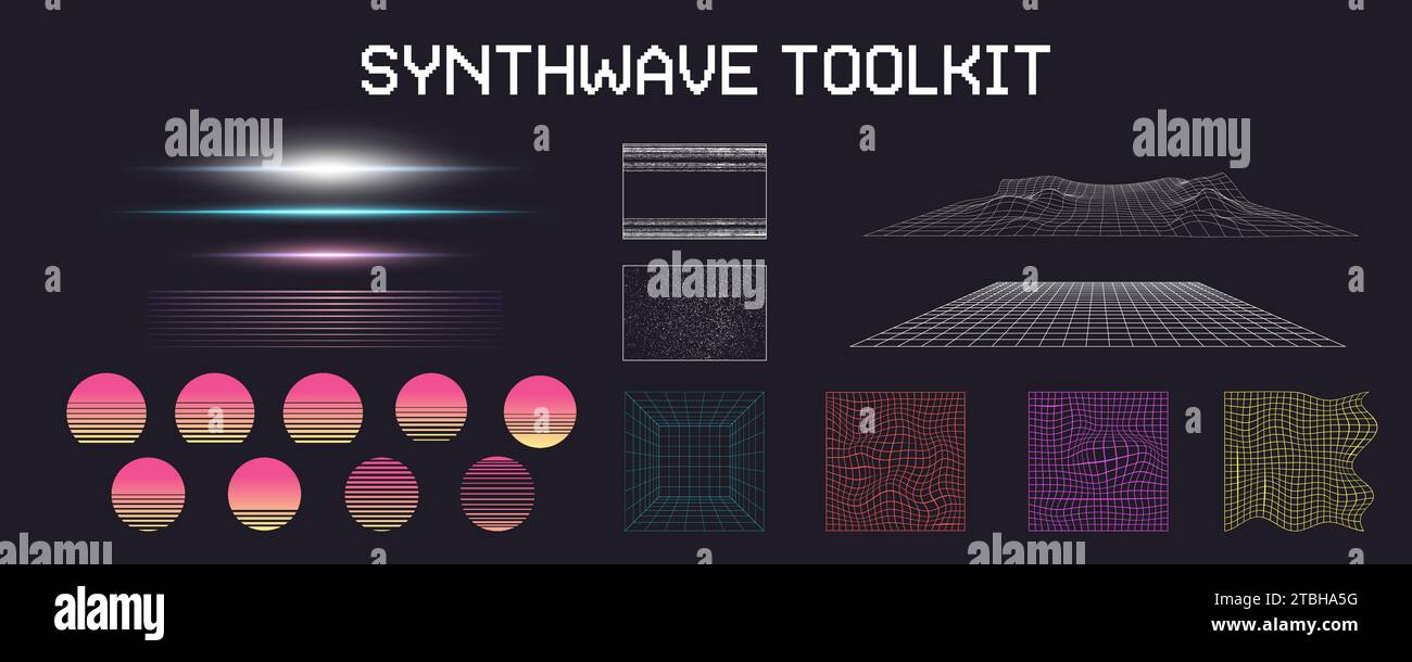 Synthwave Toolkit. 1980s graphic elements for retro graphics. Grids, sunsets, glitches and ...