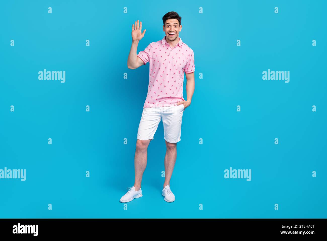 Full length portrait of cheerful young person arm palm waving greeting ...