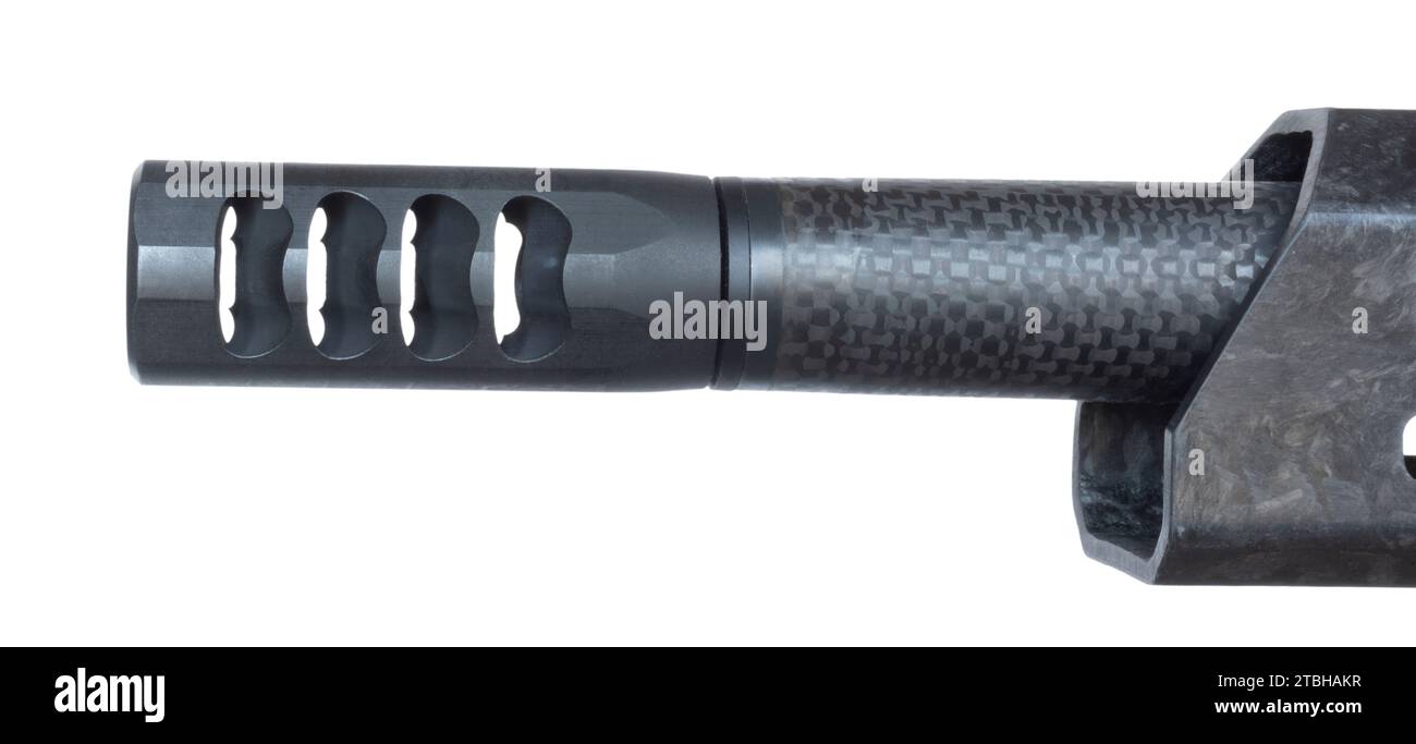 Carbon fiber wrappped rifle barrel with a muzzle brake seen from the ...