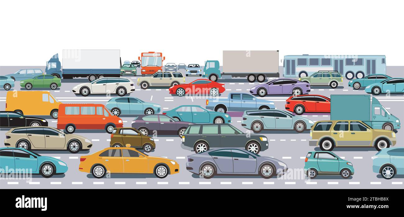 A lot of cars and trucks on the road intersection in traffic jam illustration Stock Vector Image ...