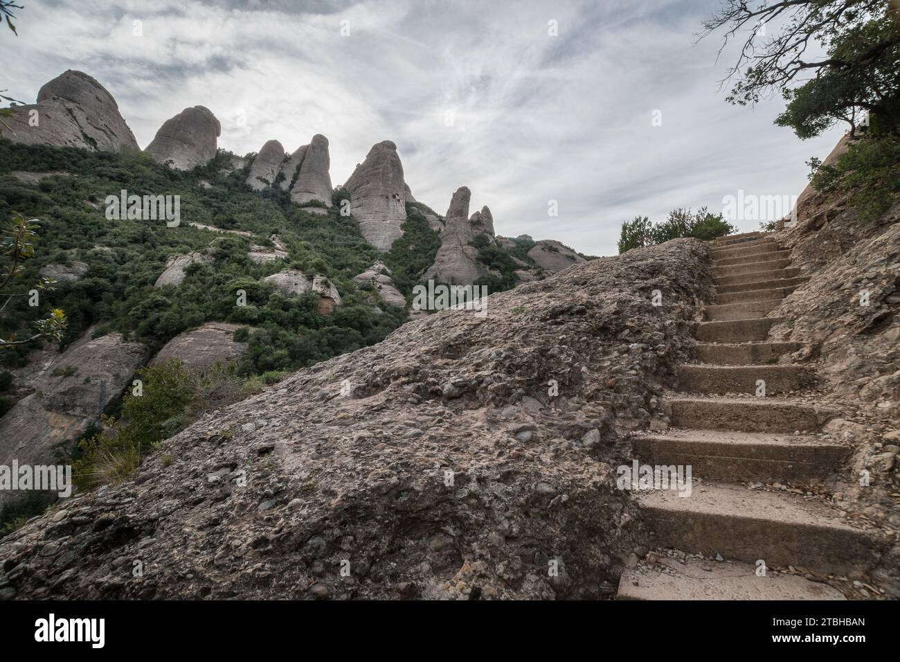 Montserrat trekking path to Sant Jeroni peak Stock Photo - Alamy