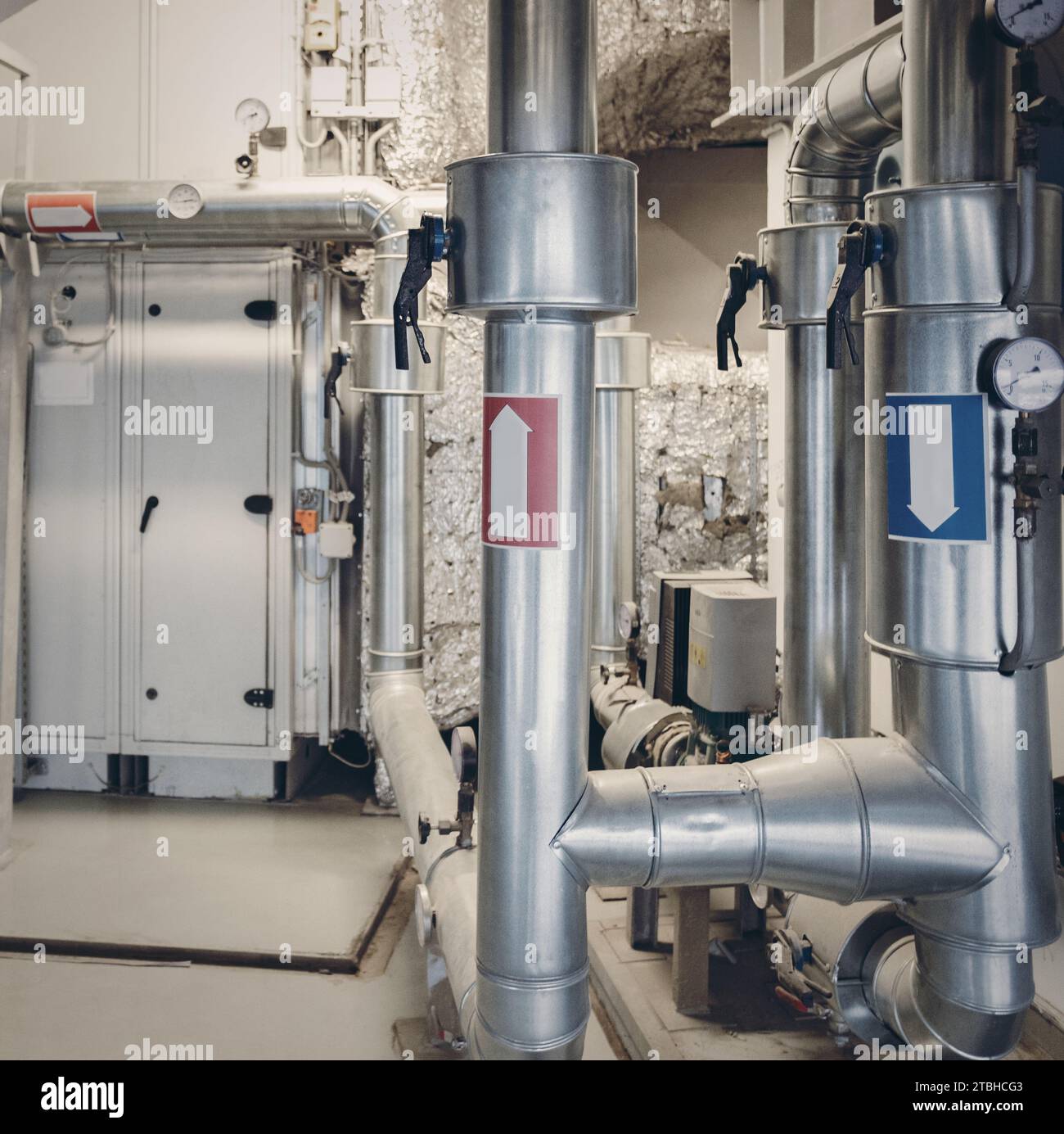 a technical room with exhaust system of a large building. Industrial ...