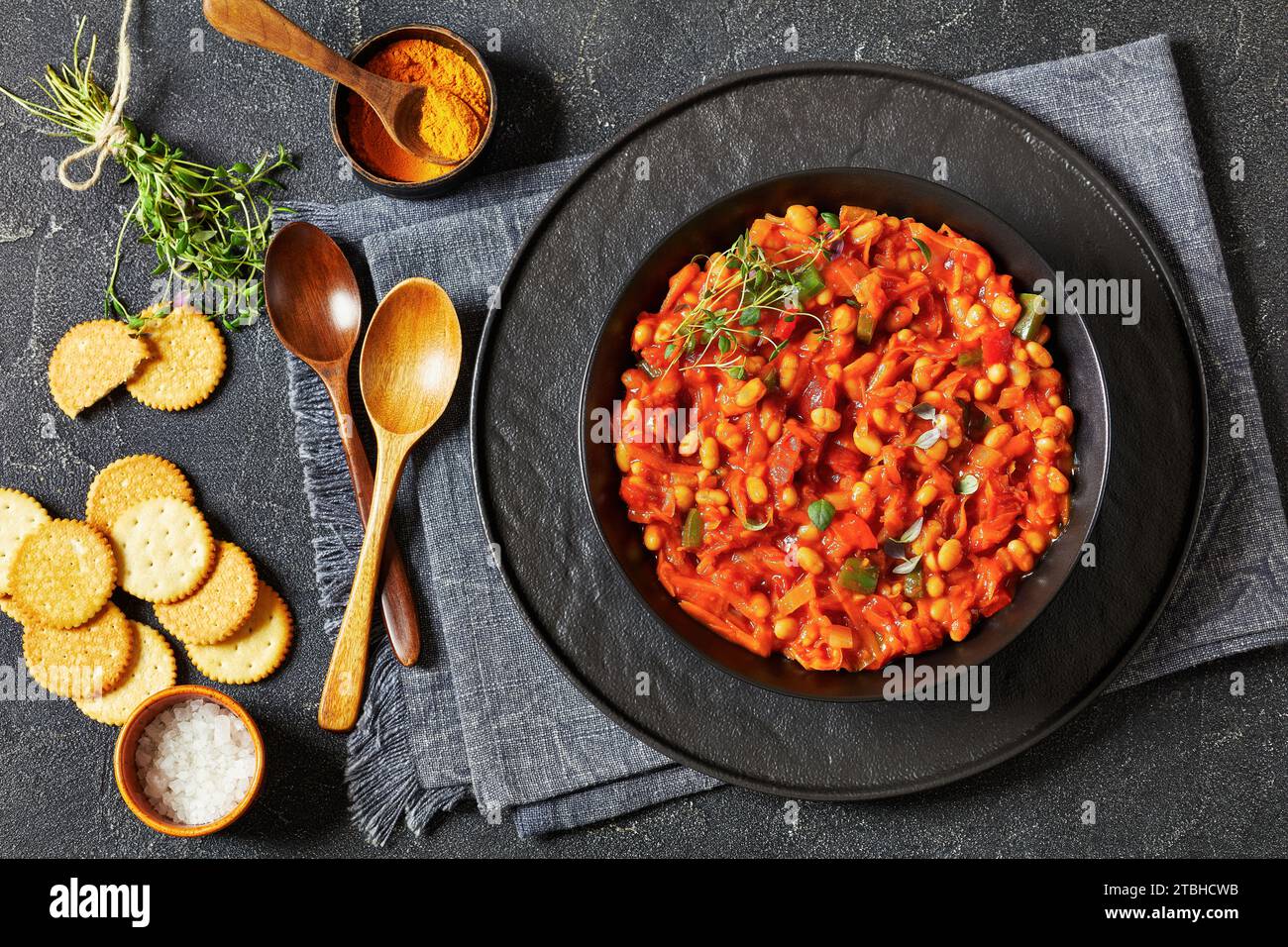 overhead view of chakalaka, refreshing spicy tomato bean relish in ...