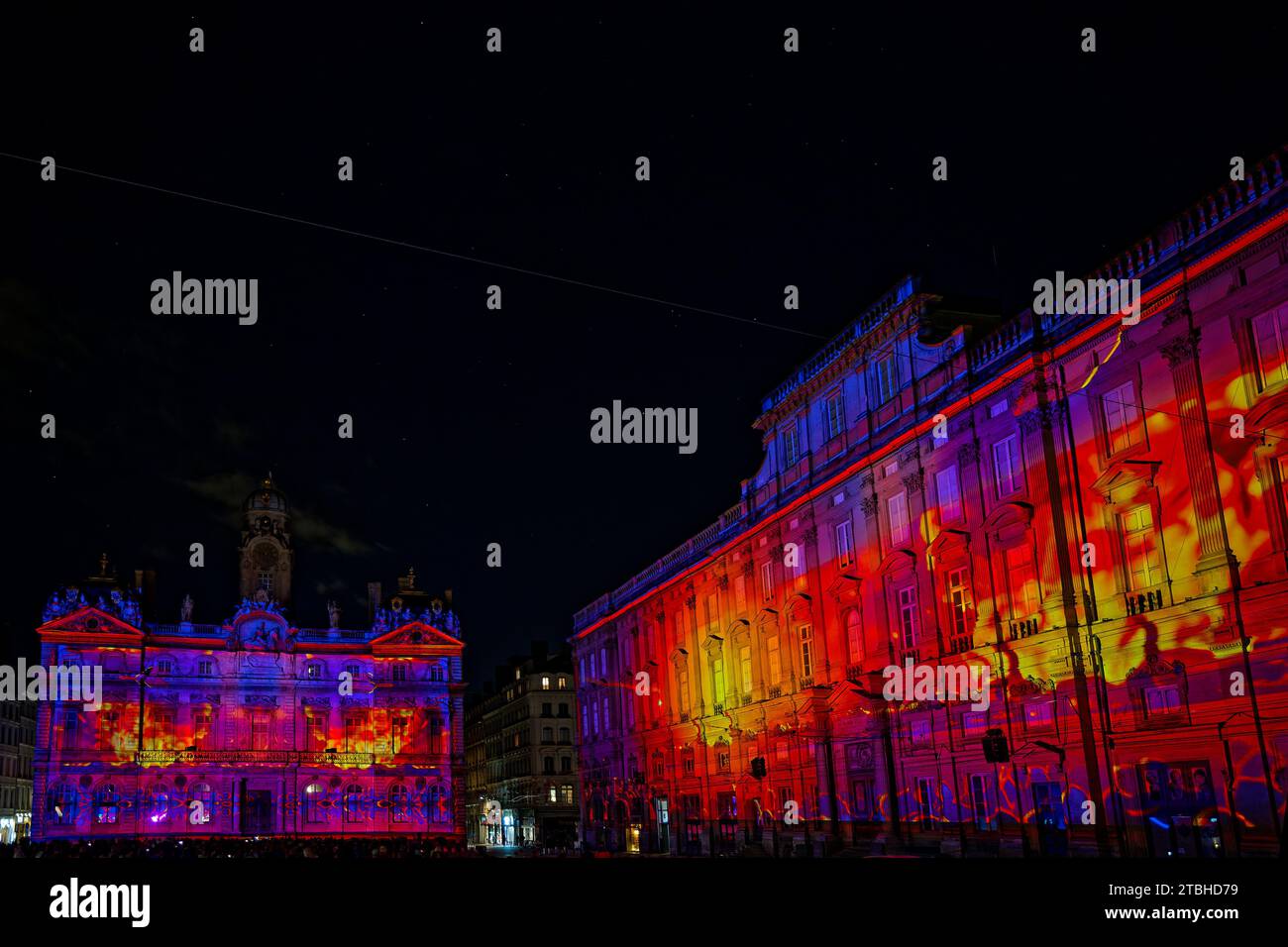 LYON, FRANCE, December 7, 2023 : Place des Terreaux during the Festival of Lights that reveals ...