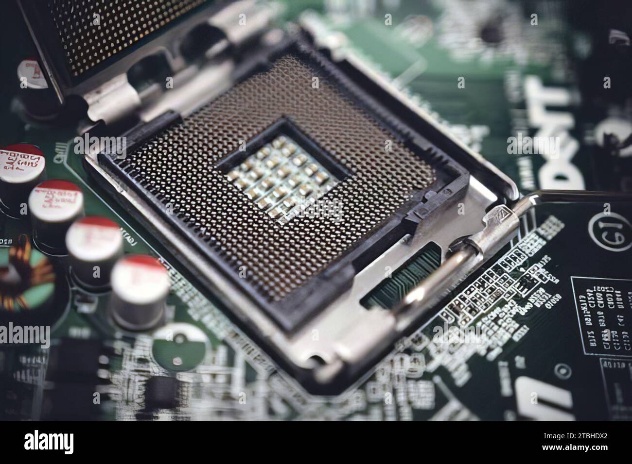 Michrochip, comptuer processor and motherboard, computer circuits and details close view photo ...