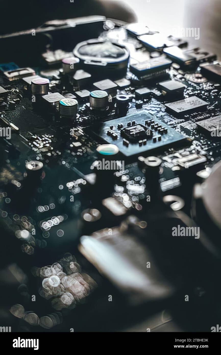 Michrochip, comptuer processor and motherboard, computer circuits and details close view photo ...