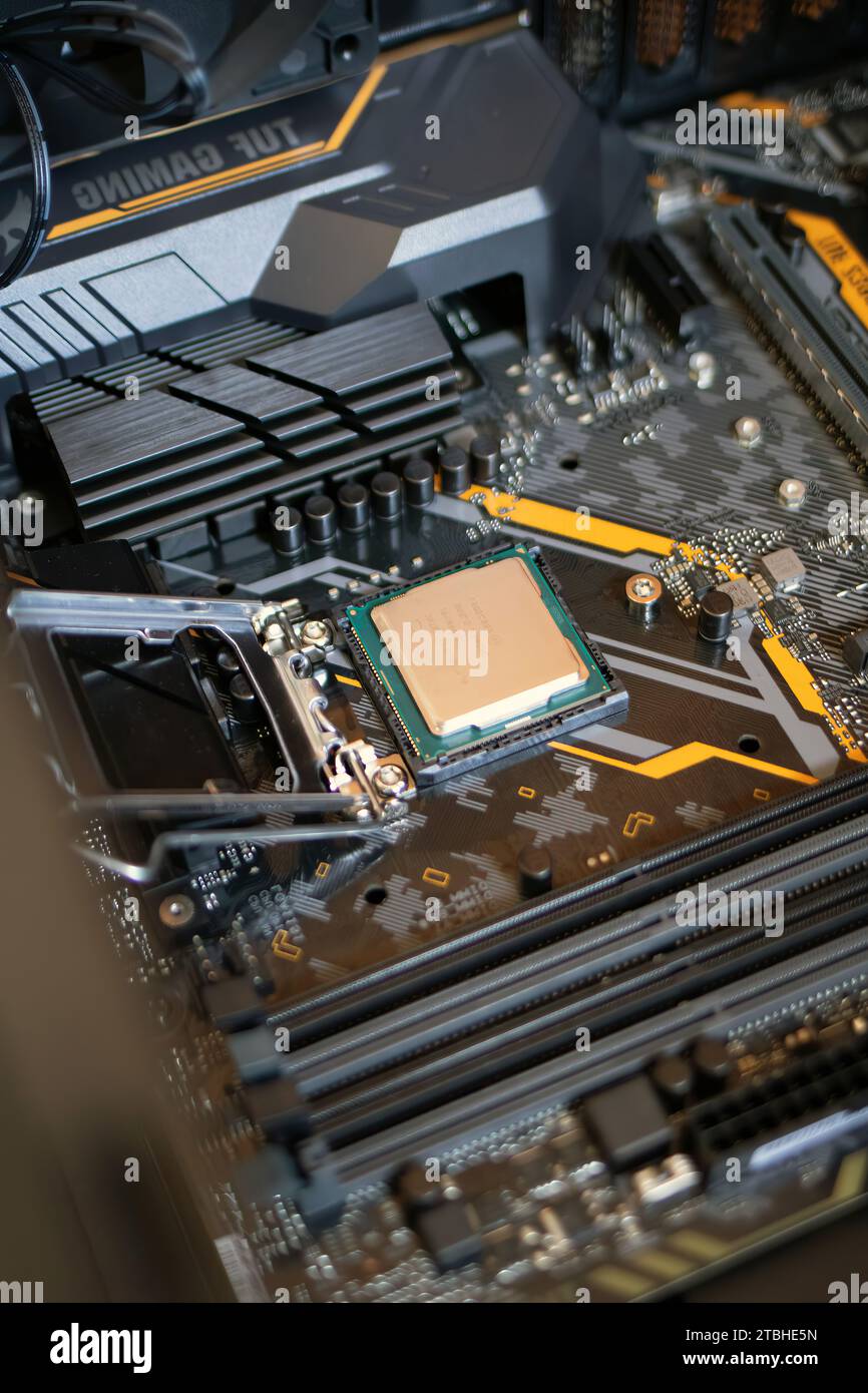 Michrochip, comptuer processor and motherboard, computer circuits and details close view photo ...