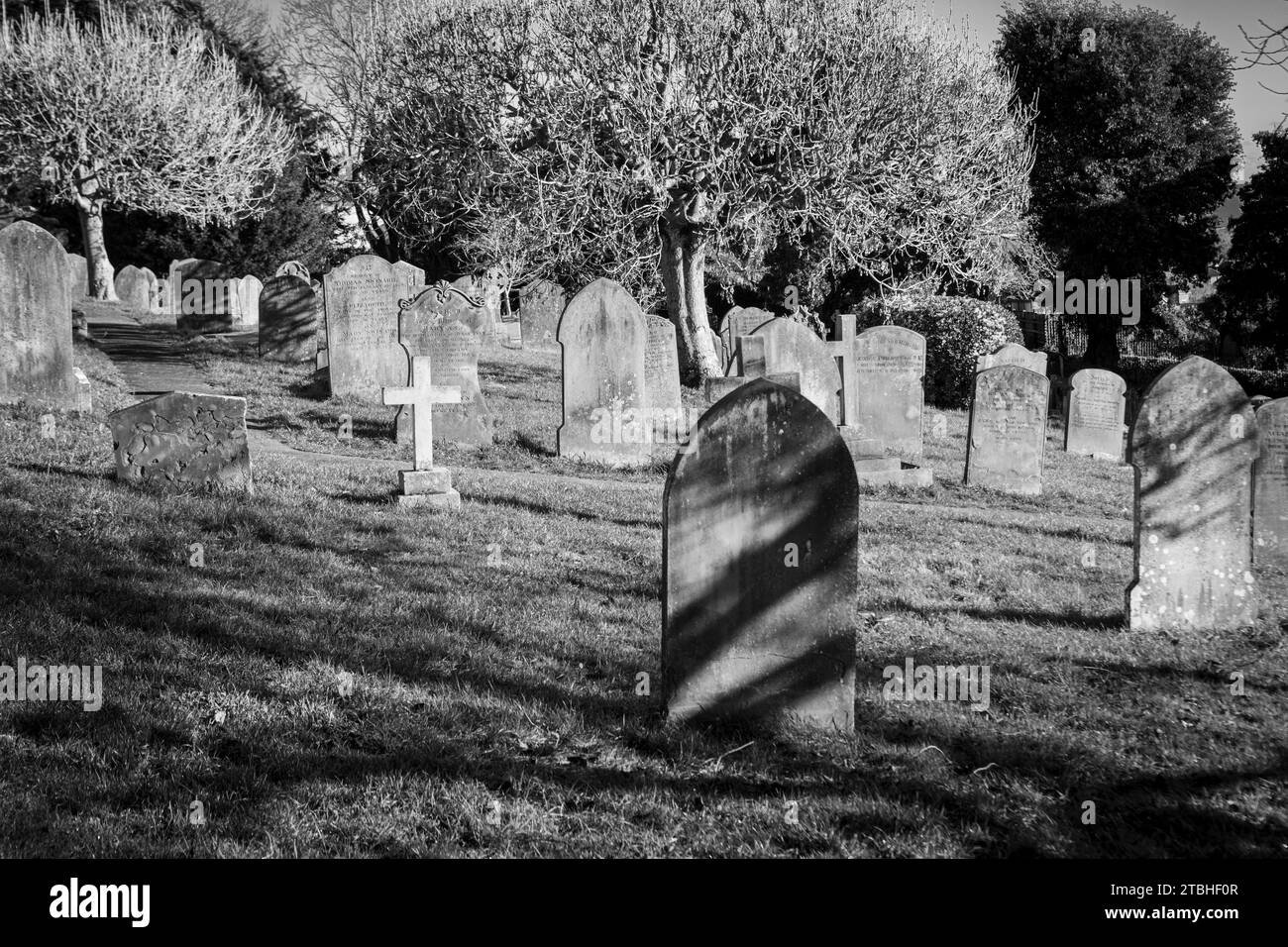 A black and white shot of the graveyard at St. Leonards Church, Hythe ...