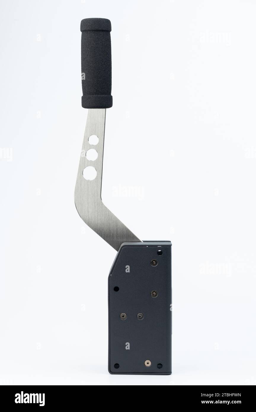 Metal hand break lever side view isolated on white studio background ...