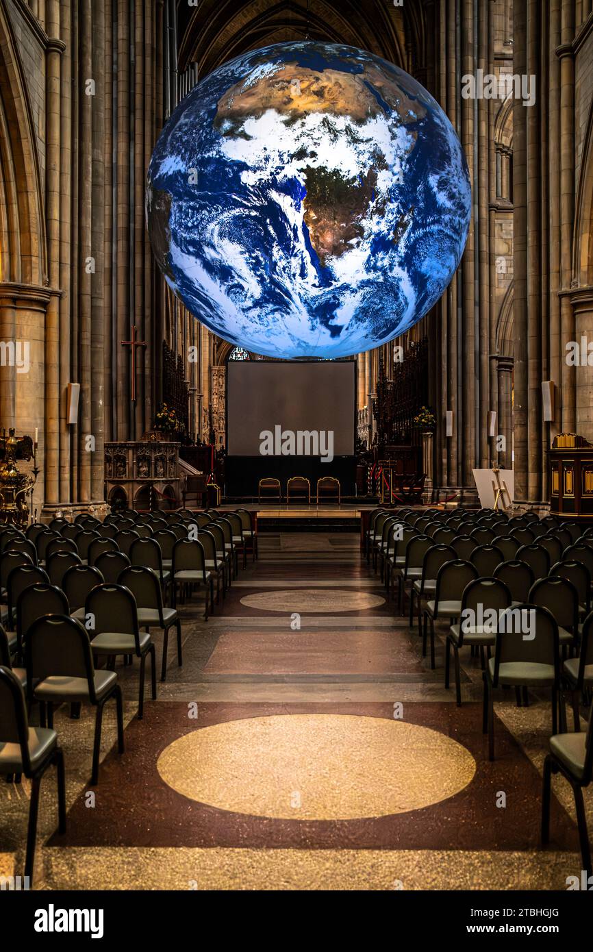 The touring artwork; Gaia by artist Luke Jerram inside Truro Cathedral ...