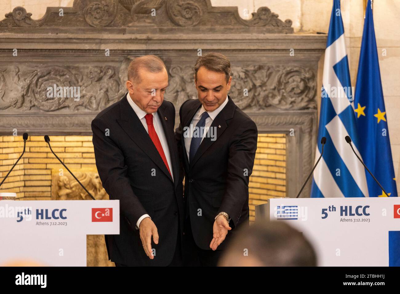 Athens, Greece. 07 December 2023, Greece, Athen: Turkish President Recep Tayyip Erdogan (l) and ...