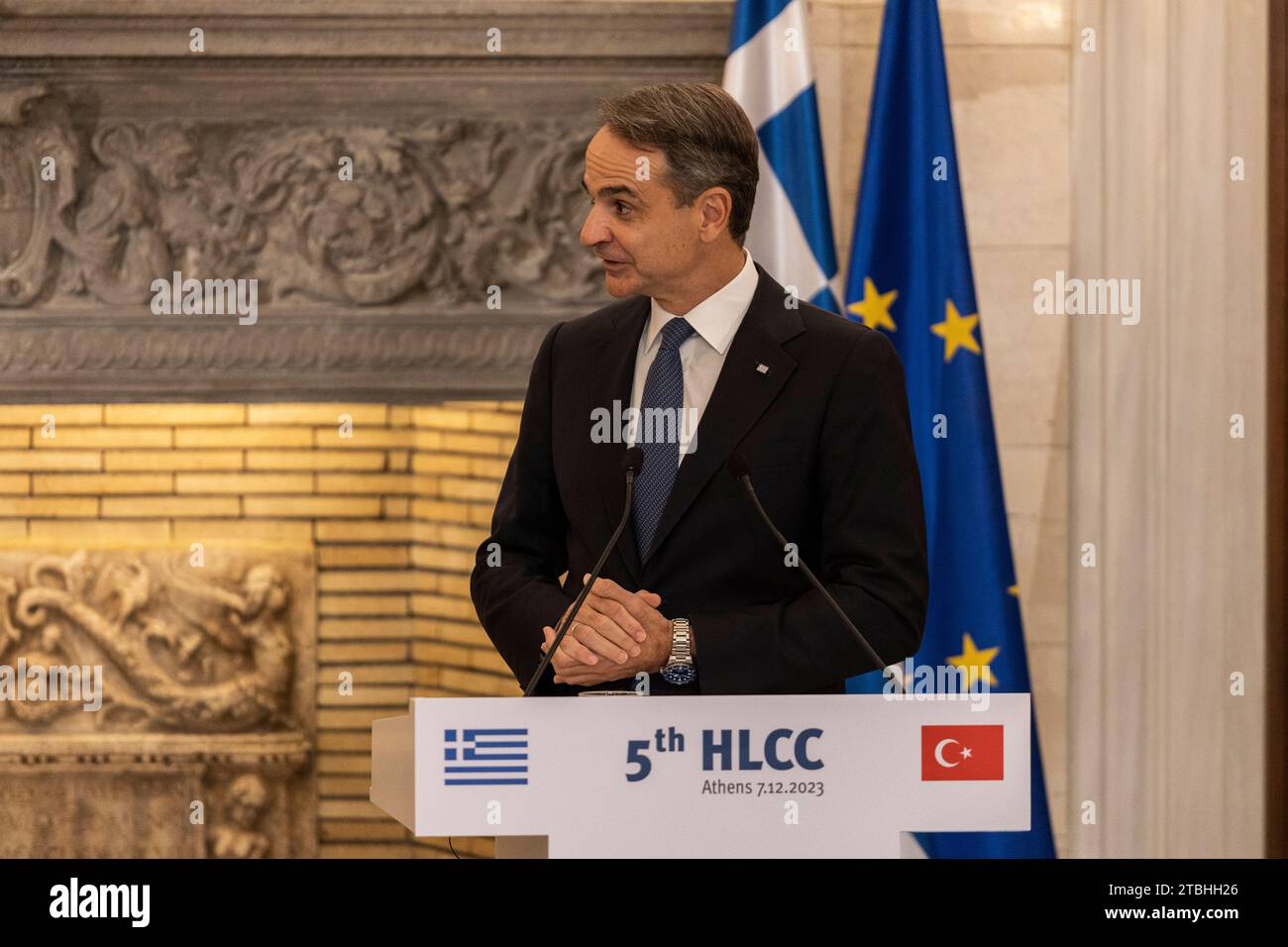 Athens, Greece. 07 December 2023, Greece, Athen: Greek Prime Minister Kyriakos Mitsotakis speaks ...