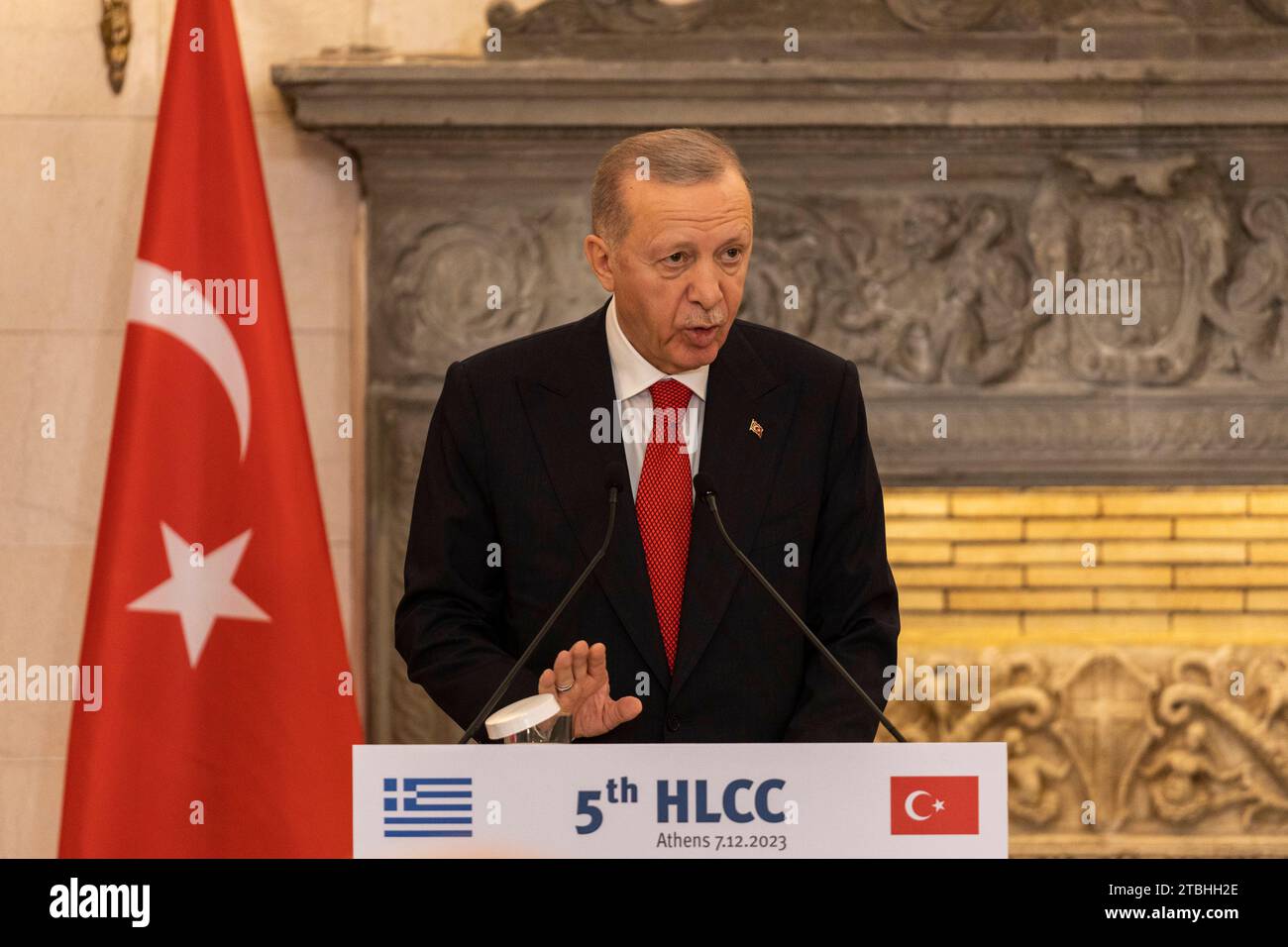 Athens, Greece. 07 December 2023, Greece, Athen: Turkish President Recep Tayyip Erdogan speaks ...