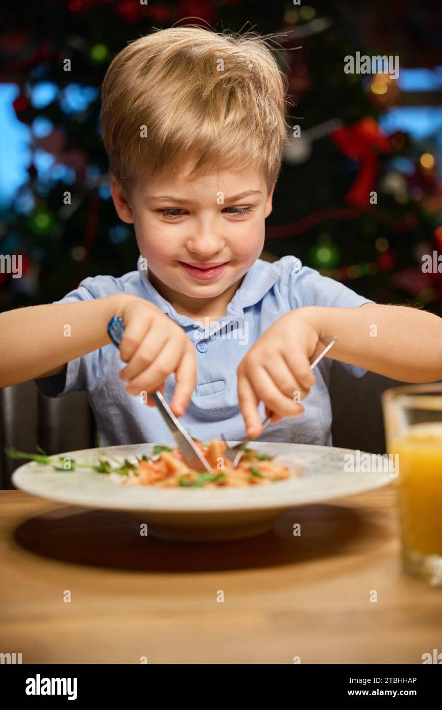 Little boy having festive dinner in restaurant during Christmas ...