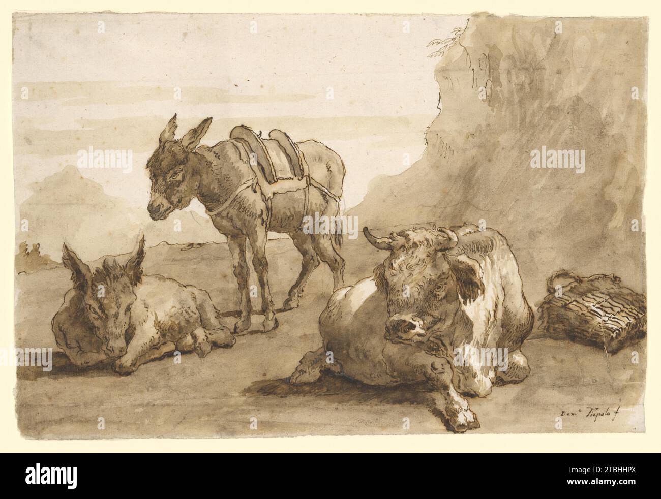 A Bull Lying Down, and Two Donkeys, in a Landscape 1975 by Giovanni ...