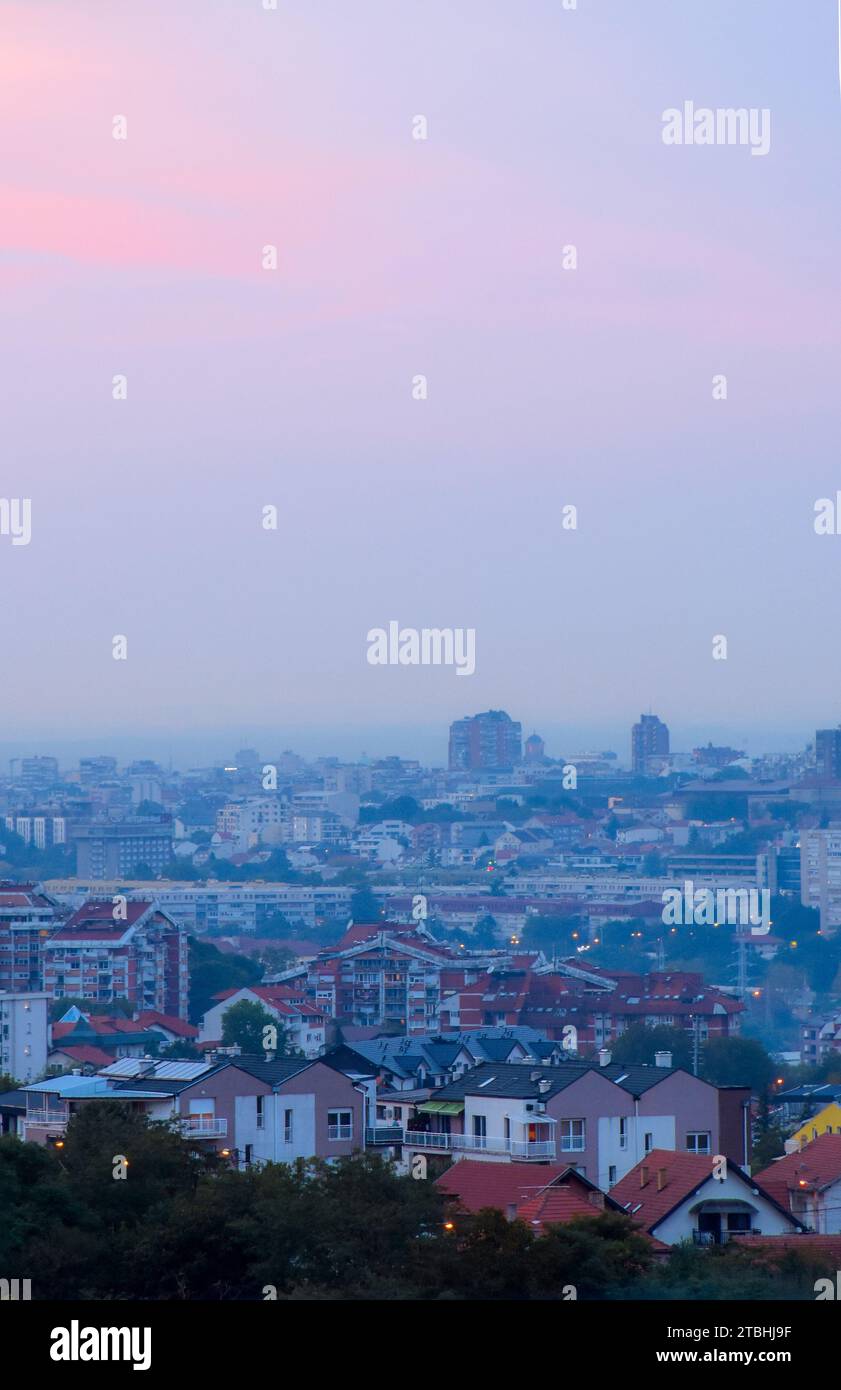 Cityscape. The family houses of the suburbs and the tall buildings of ...