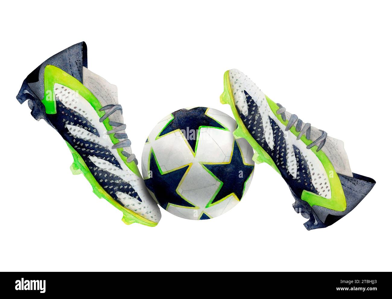 Soccer football ball and boots watercolor drawing. Trainers spiked ...