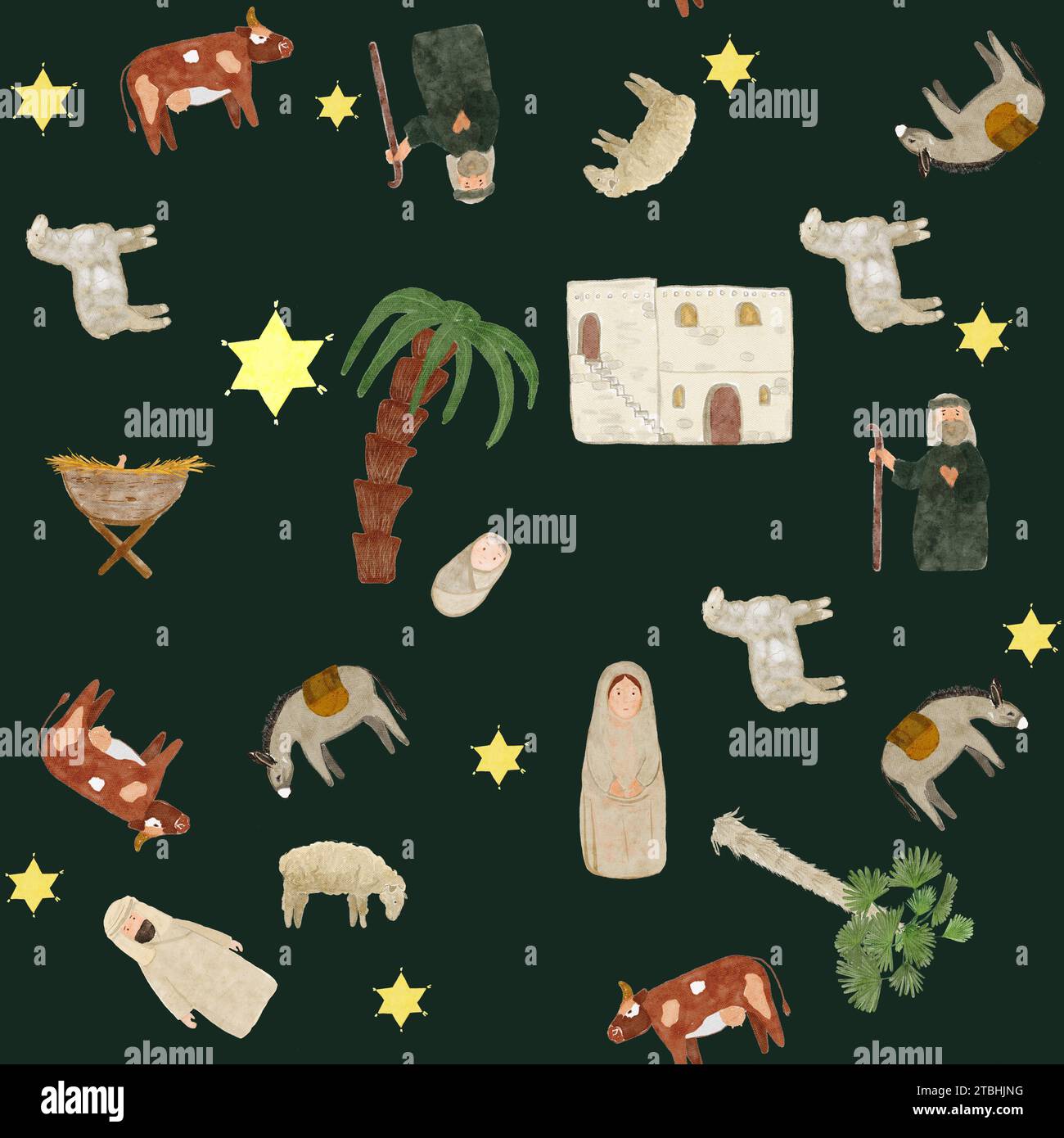 Watercolor Christmas nativity scene seamless multidirectional pattern ...