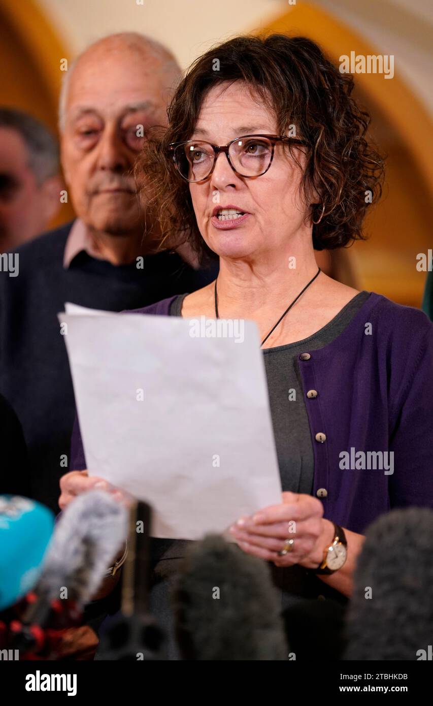 Julia Waters, sister of Ruth Perry, speaking to members of the media in ...