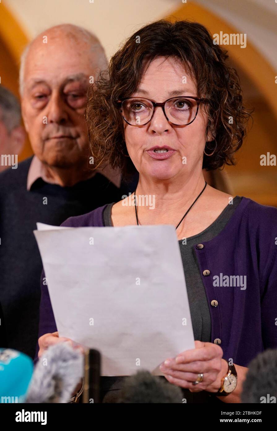 Julia Waters, sister of Ruth Perry, speaking to members of the media in ...