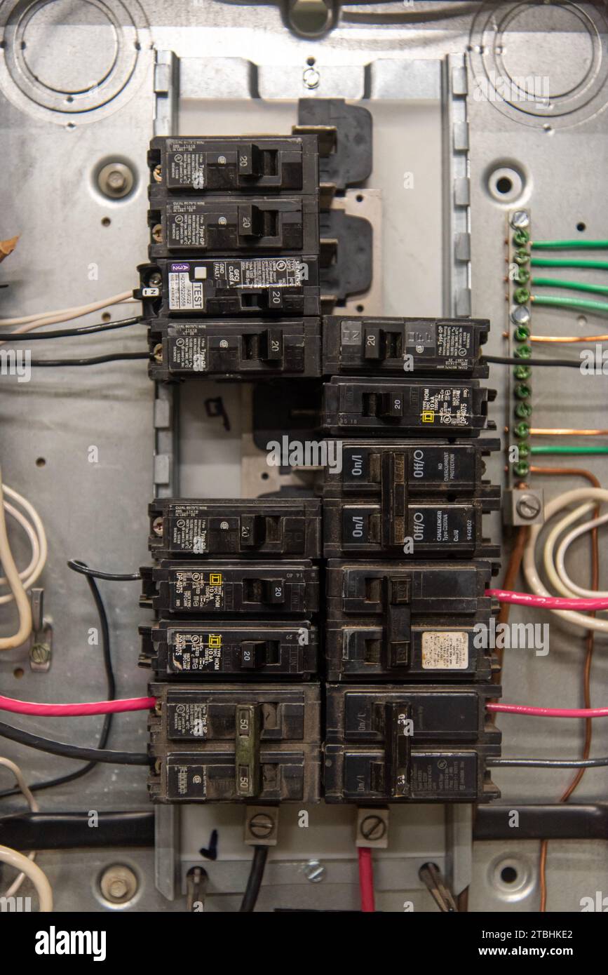 An electrical control panel featuring several switches and wiring Stock ...