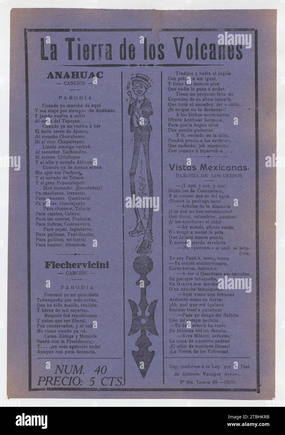 Broadsheet with comic ballads about Mexico, figure with long legs ...