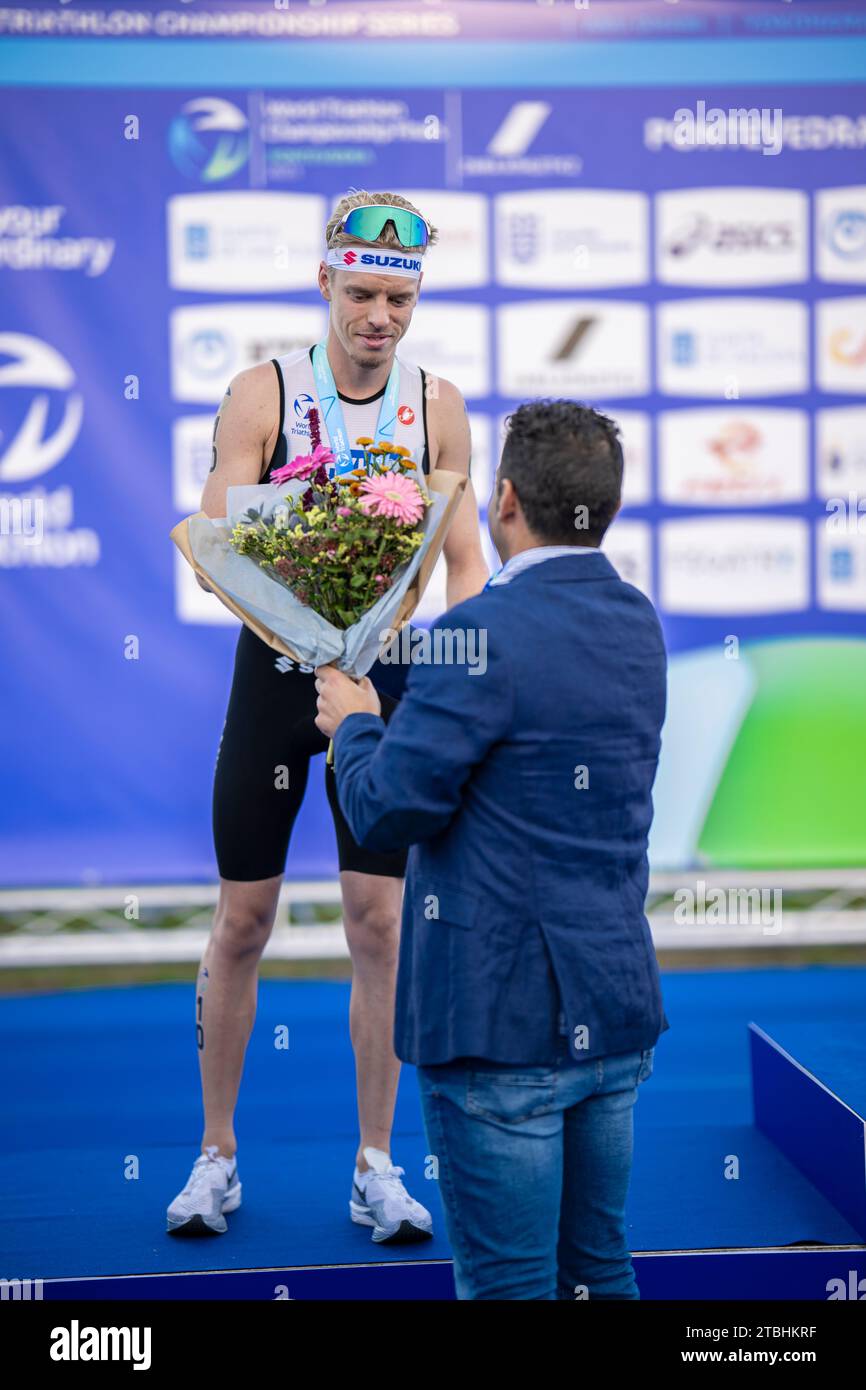 Tim Hellwig at the award ceremony in Pontevedra in the 2023 Triathlon ...