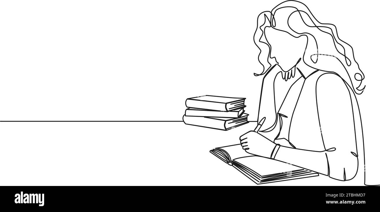 Continuous Single Line Drawing Of Woman Writing In Journal Or Diary