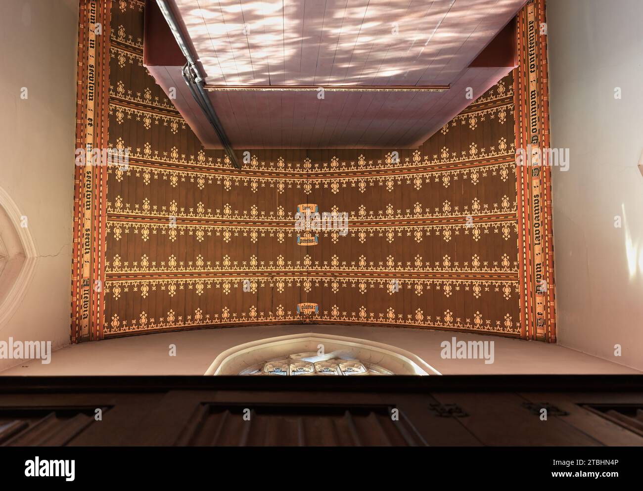 Painted wooden ceiling above the vestibule in the chapel at Queens ...