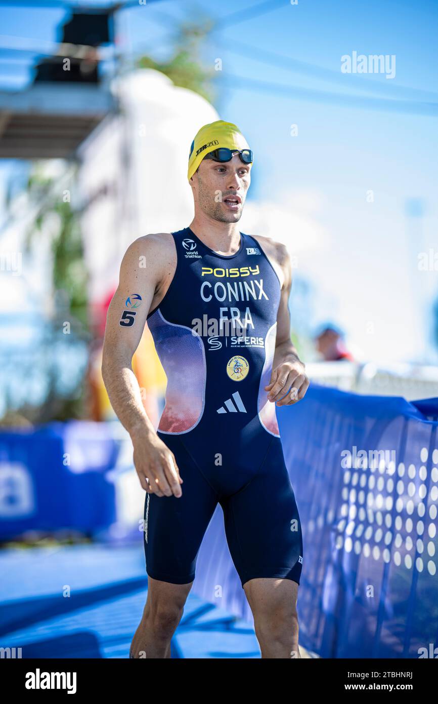 Dorian Coninx participating in Pontevedra in the 2023 World Triathlon ...