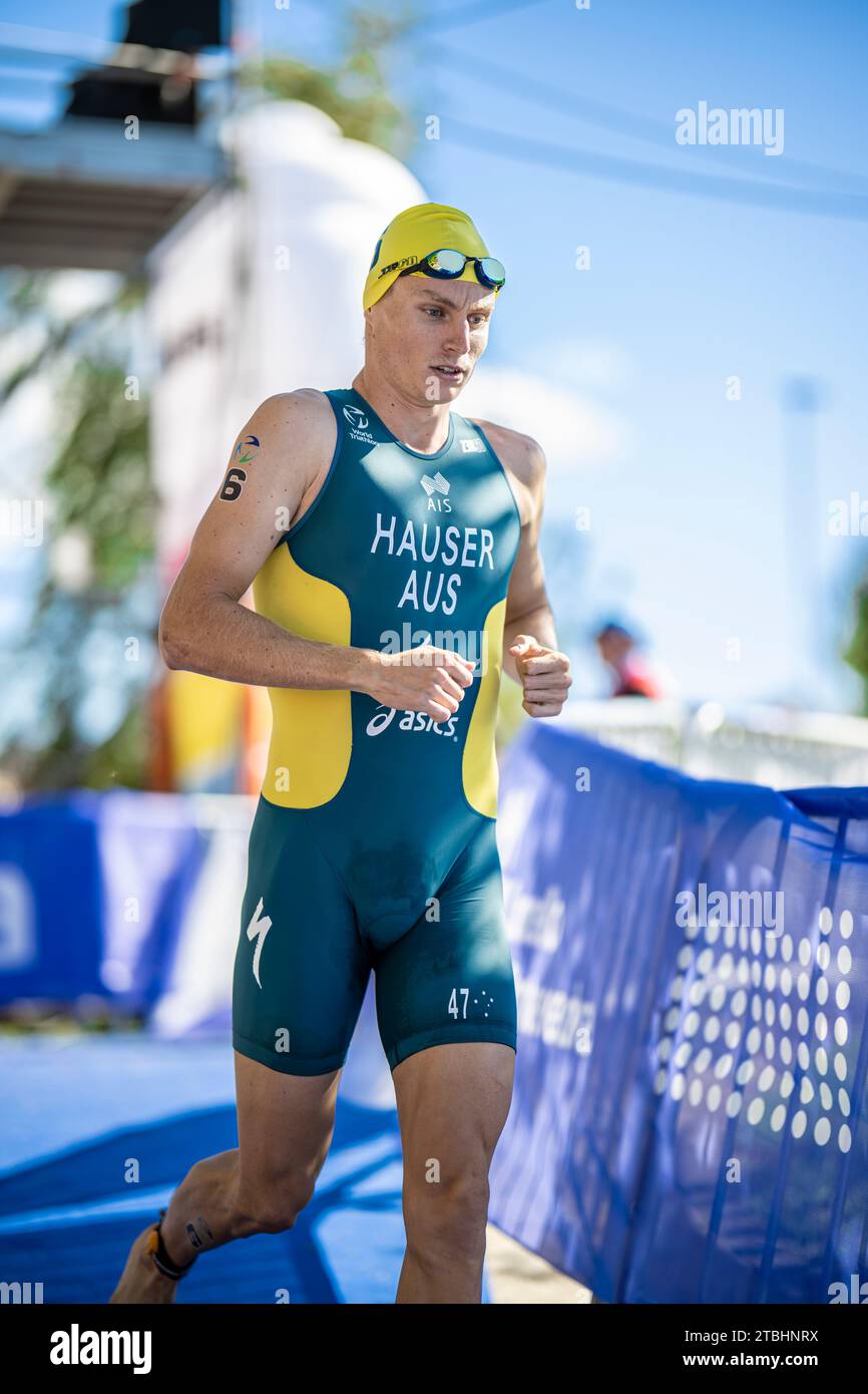 Matthew Hauser participating in Pontevedra in the 2023 World Triathlon ...