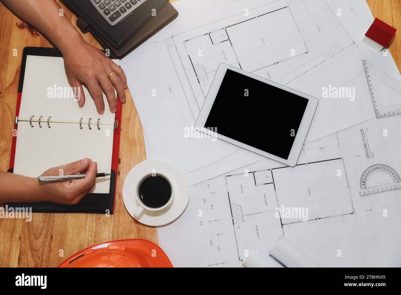 Top view of architect working with new startup project at home office ...