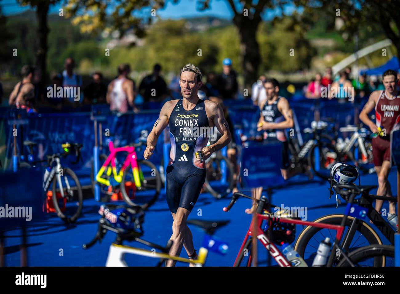 Dorian Coninx participating in Pontevedra in the 2023 World Triathlon ...
