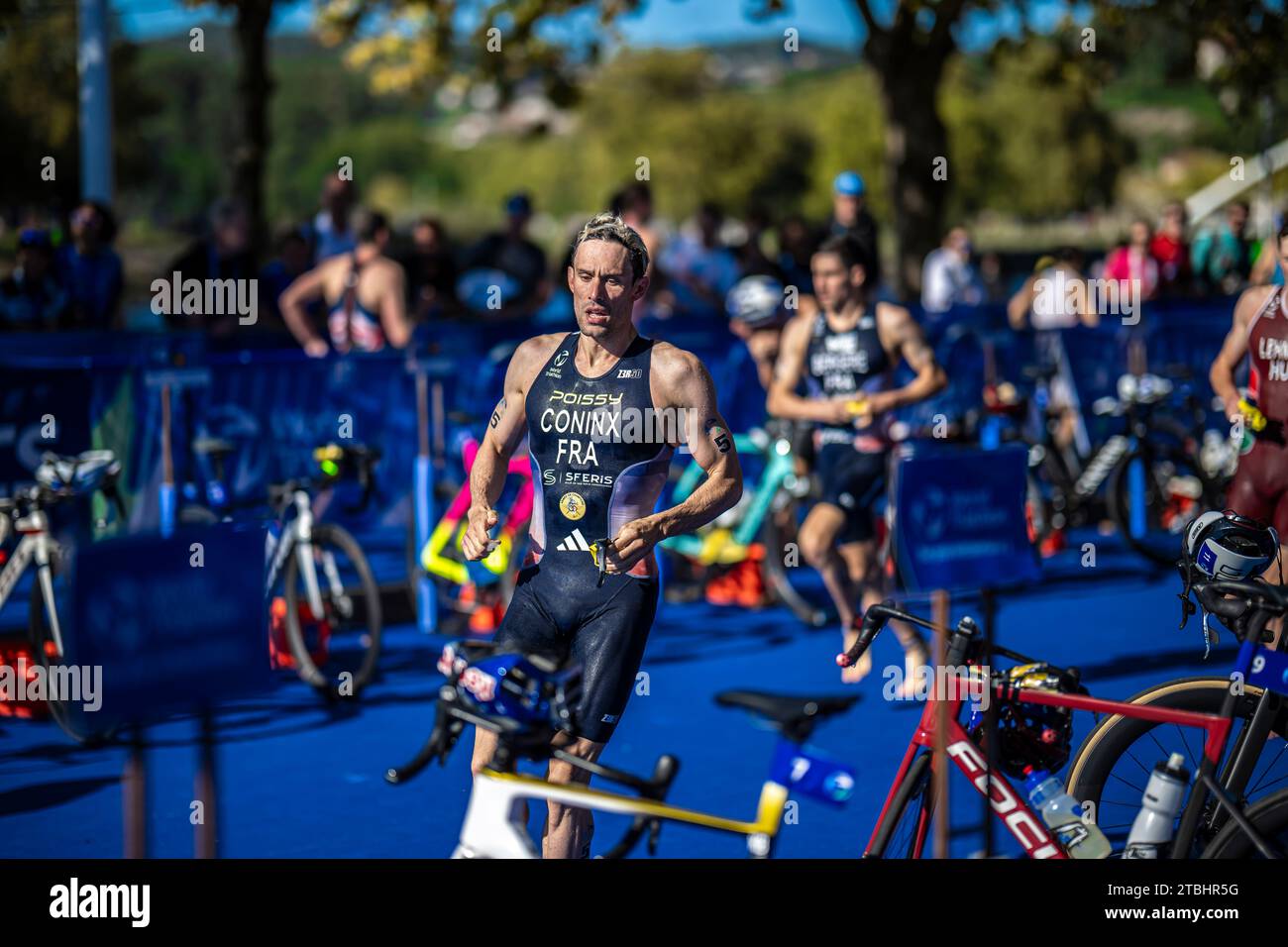 Dorian Coninx participating in Pontevedra in the 2023 World Triathlon ...