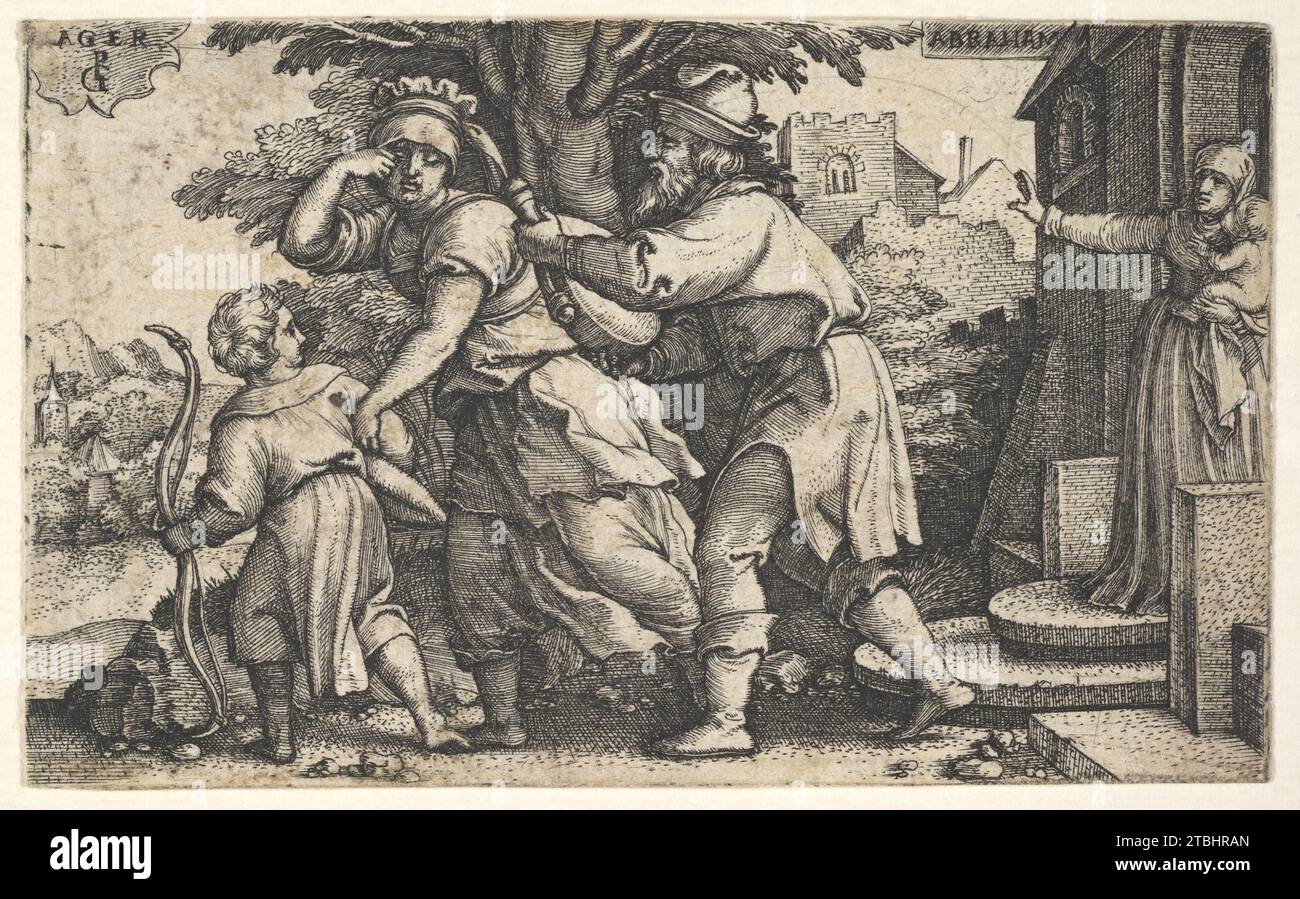 Abraham sending away Hagar and Ishmael: Abraham holds forth a vessel as ...