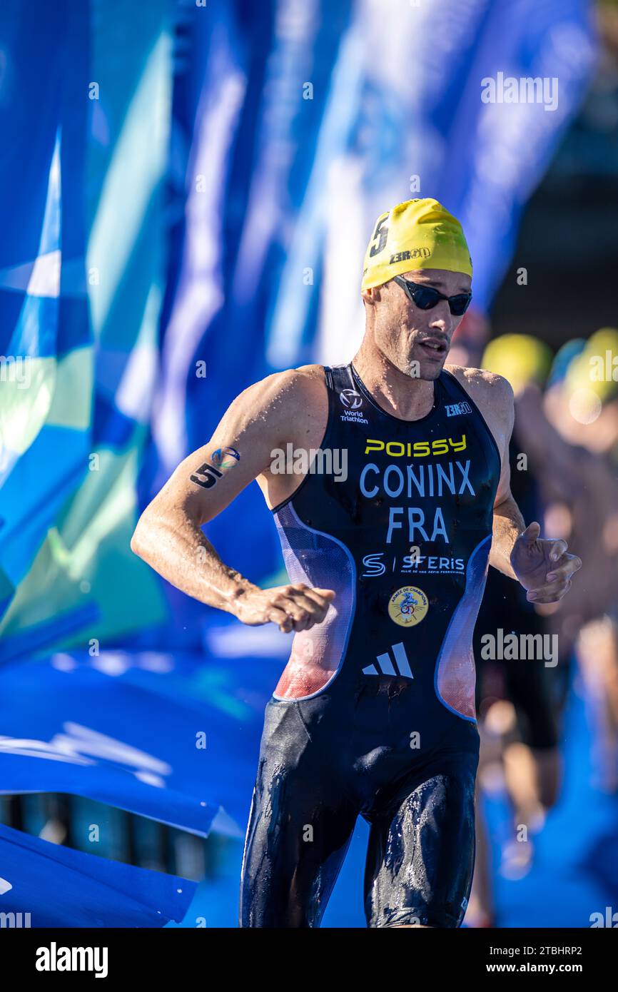 Dorian Coninx participating in Pontevedra in the 2023 World Triathlon ...