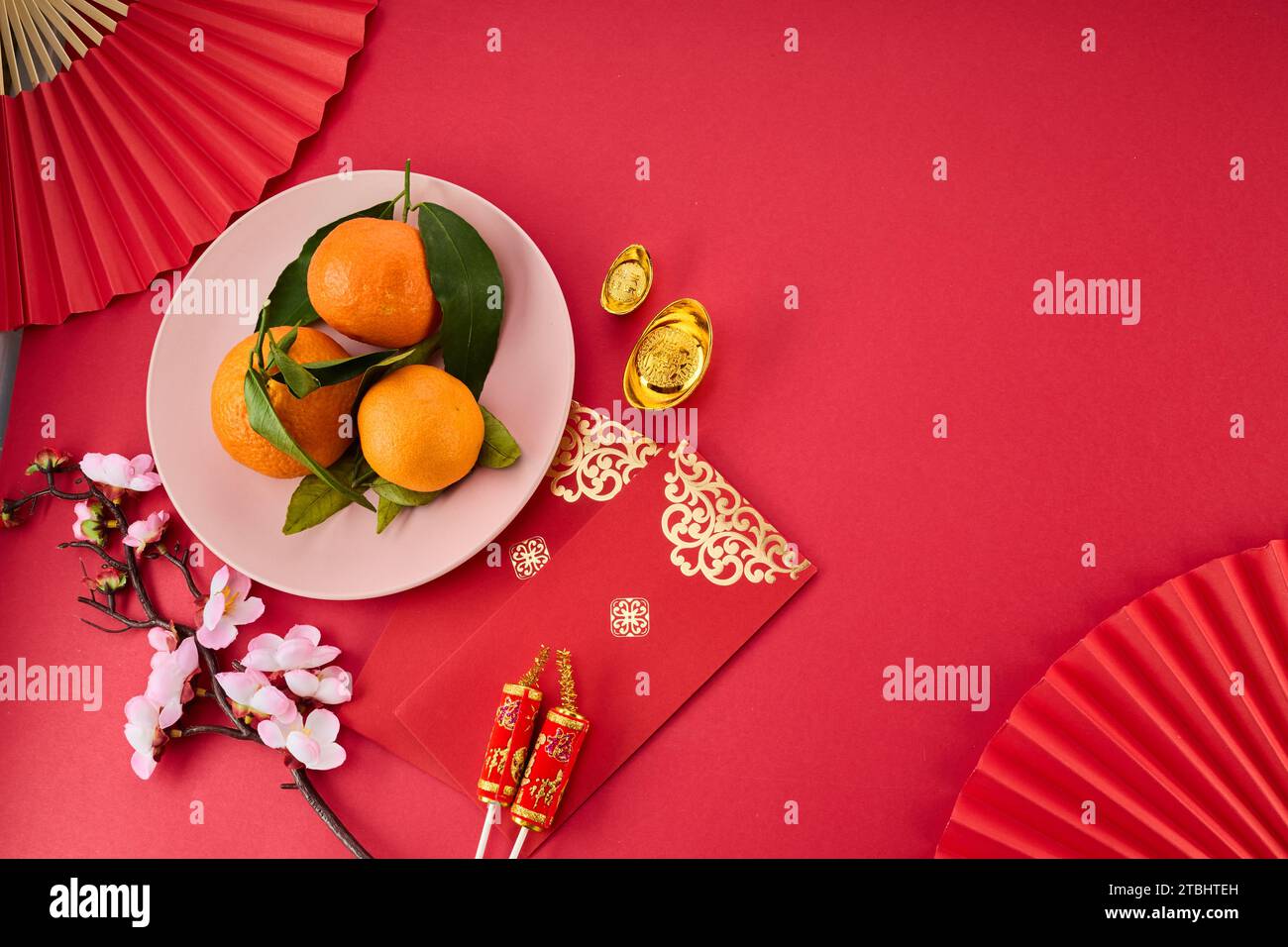 Chinese New Year. Red packet envelope, flowers, mandarins, festival ...