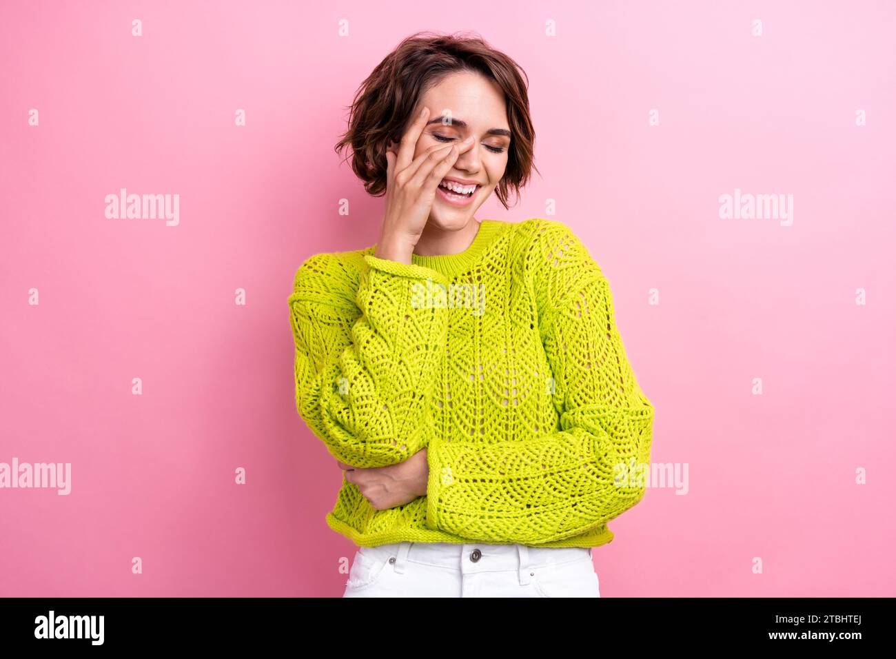 Laughing funny girl photo of person enjoying listening jokes on stand ...