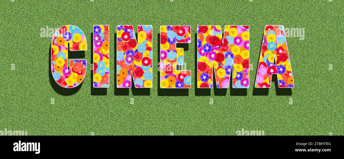 word Cinema, text written with colorful flowers on green background ...