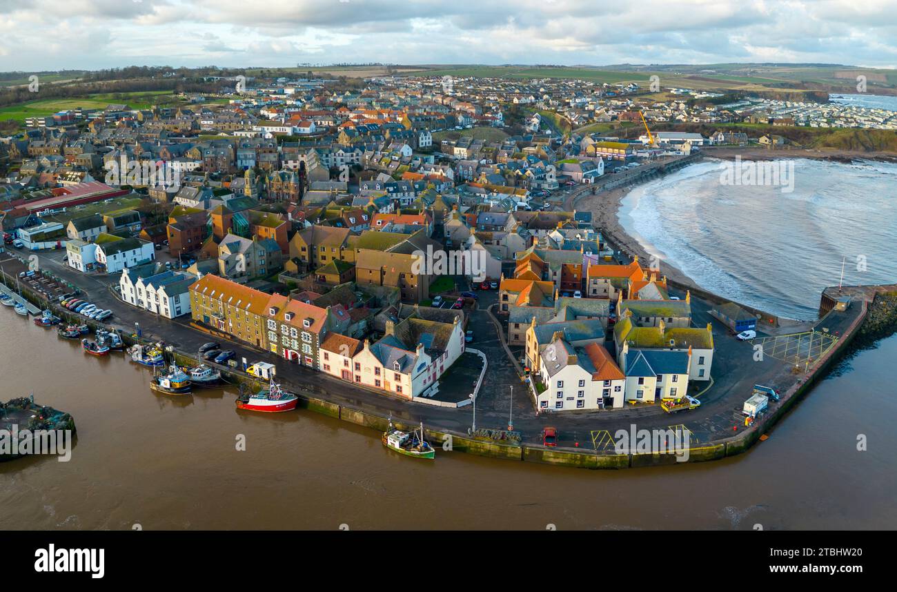 Aerial view of harbour area at Eyemouth town in Berwickshire, Scottish ...