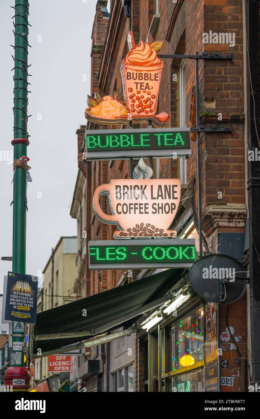LED light signs on shopfront of Brick Lane Coffee Shop and cafe on ...