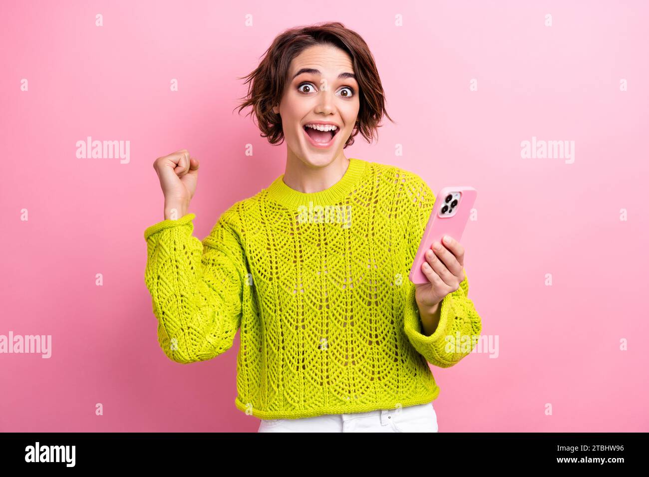 Photo of lady influencer fashion blogger celebrate victory online ...