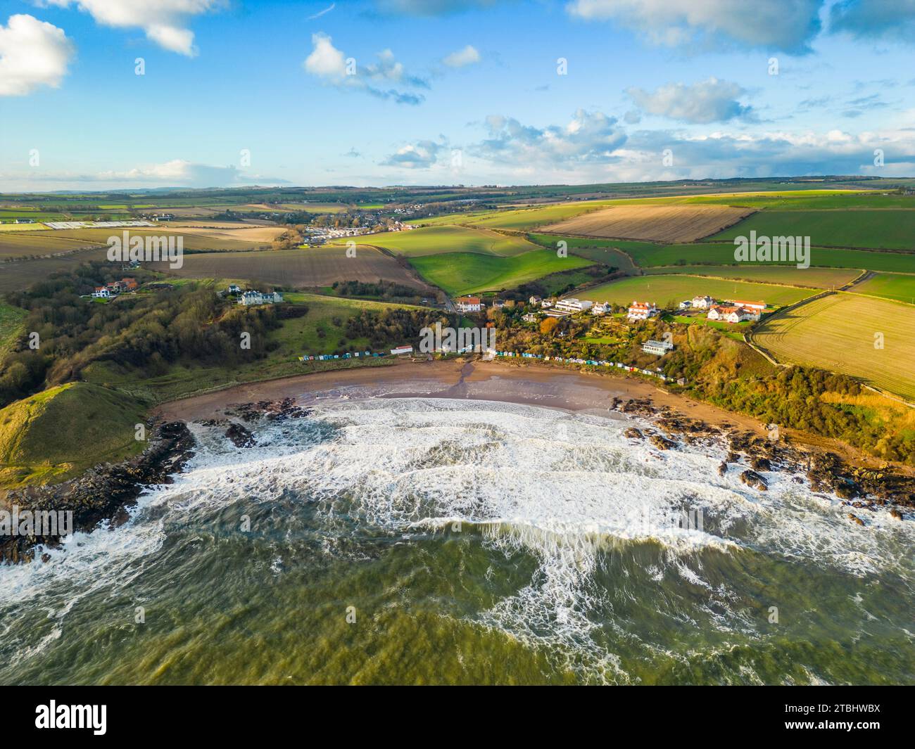 Aerial view of beach in Coldingham Bay in Scottish Borders, Scotland ...