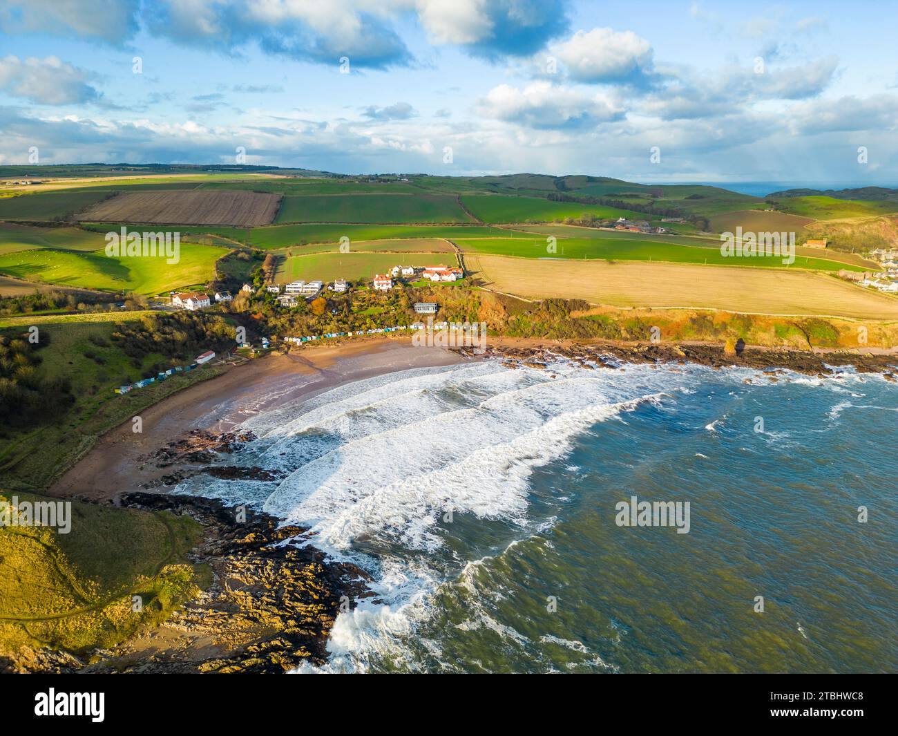 Aerial view of beach in Coldingham Bay in Scottish Borders, Scotland ...