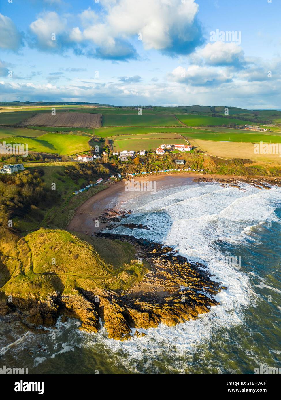 Aerial view of beach in Coldingham Bay in Scottish Borders, Scotland ...