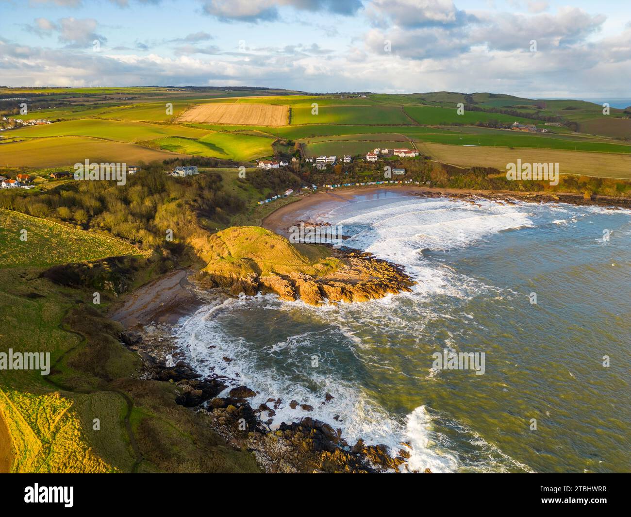 Aerial view of coastline at Coldingham Bay in Scottish Borders ...