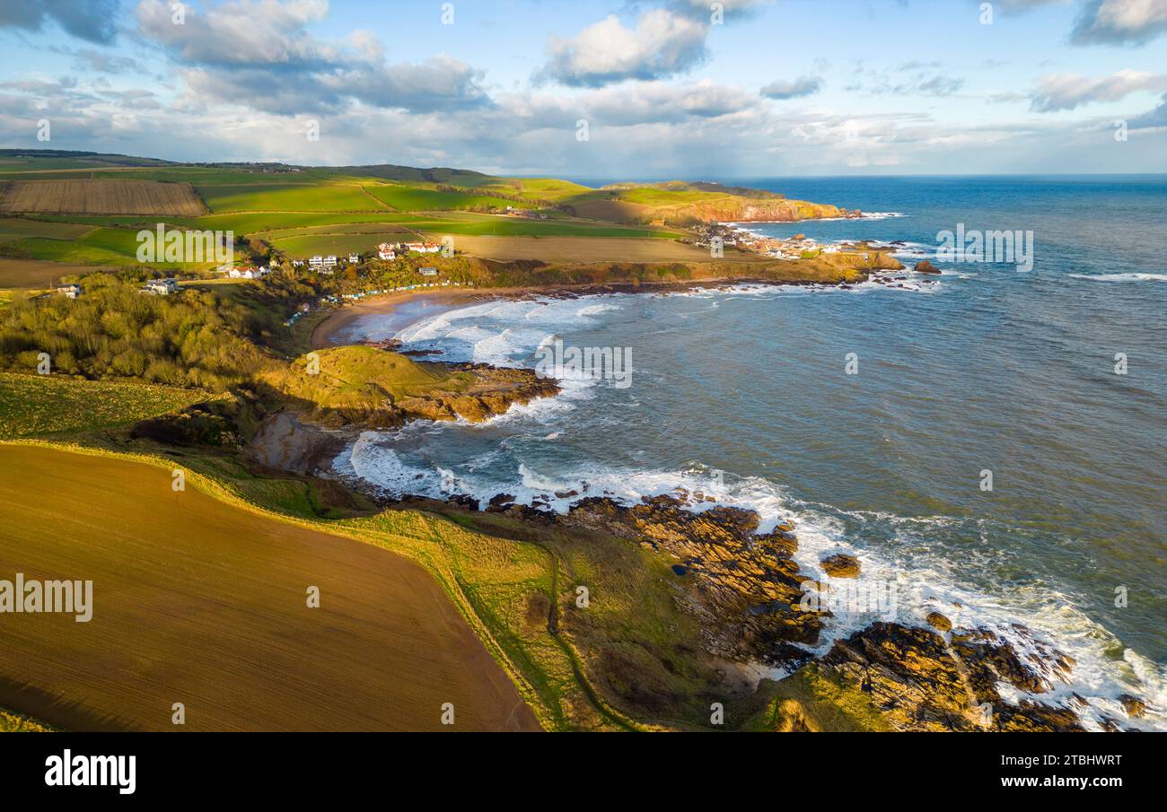 Aerial view of coastline at Coldingham Bay in Scottish Borders ...