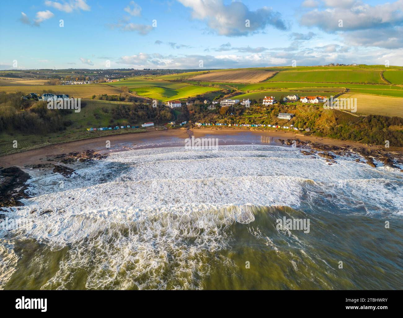 Aerial view of beach in Coldingham Bay in Scottish Borders, Scotland ...